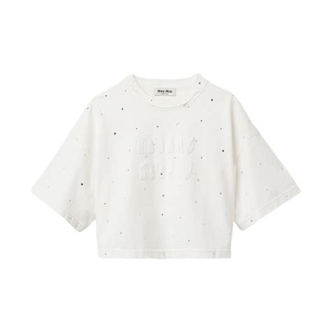 W 미우 미우 코튼 티셔츠 크리스탈 화이트 Miu Miu Kream