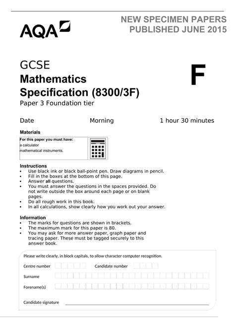Aqa Gcse Mathematics Specification 8300 3f Paper 3 Foundation Tier