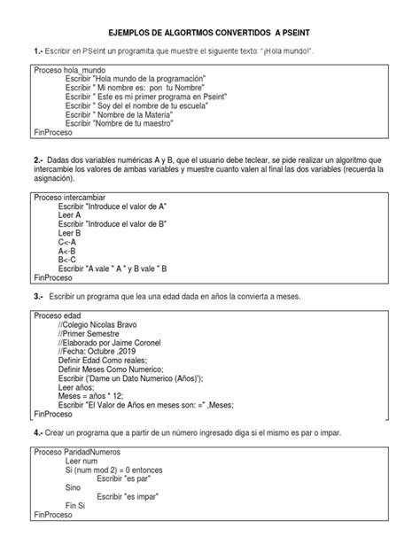 Ejemplos De Algortmos Convertidoa A Pseint Pdf Algoritmos Áreas De Informática