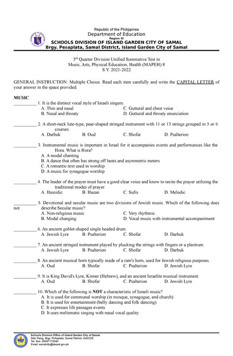 Grade 8 Mapeh Q3 Unified Test Republic Of The Philippines Department