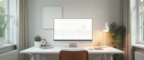Clean Home Office Desk With Blank Computer Screen Keyboard Mouse And Plants Remote Work