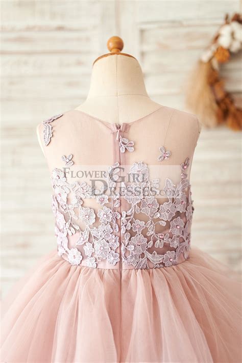 Mauve Lace Tulle Floor Length Wedding Flower Girl Dress Flower Girl