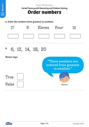 Y1 Autumn Term Block 4 Order Numbers Maths Worksheets Teaching Resources