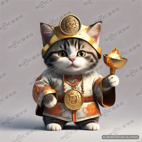 AI创作图画一只猫 穿着传统服饰 头上戴着财神帽子 手里拿着金元宝 元气可爱 扁平插画的风格 居中构图 最高画质杰作 白色背景 超高清 优化