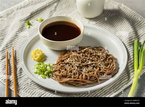 Homemade Buckwheat Japanese Dipping Soba Noodles With Soy Sauce Stock