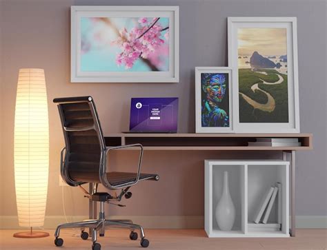 Premium Psd Scene With Set Of 3 Frames And Laptop Mockup