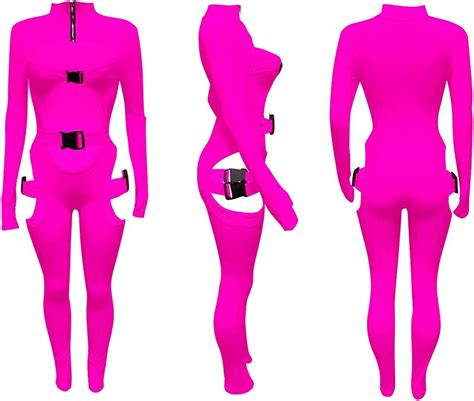 Women Sexy Party Buckle Jumpsuit Long Sleeve Hollow Out Bodycon Rose