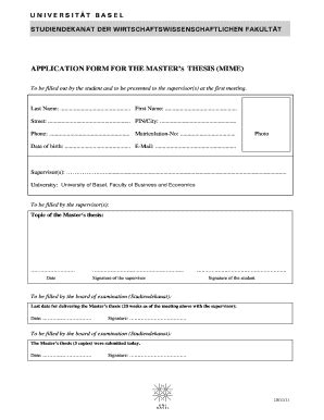 Fillable Online Wwz Unibas APPLICATION FORM FOR THE MASTER S THESIS