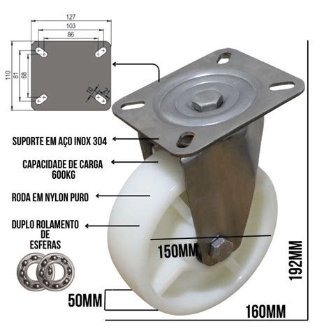 Rodízio Giratório Inox 6 Pol Com Roda Em Nylon Puro E Capacidade De 600kg Colson