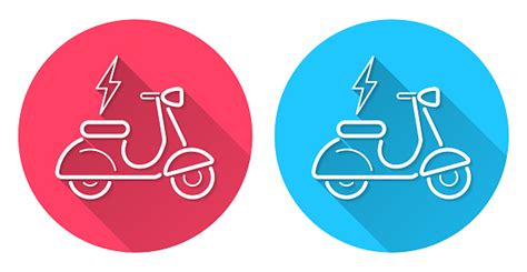 担当の電動スクーターバイク赤または青の背景に長い影を持つ丸いアイコン アイコンのベクターアート素材や画像を多数ご用意 アイコン