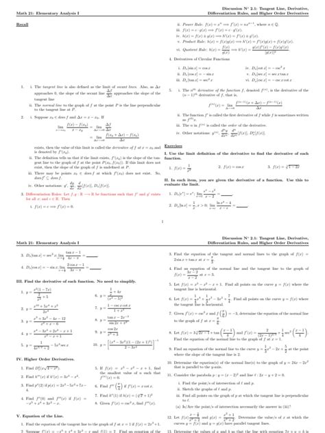 Exploring Key Concepts Of Derivatives Including Tangent Lines Differentiation Rules And Higher