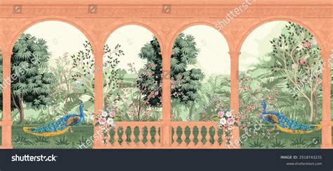 Vintage Wallpaper Garden Arch Peacock Place Stock Illustration