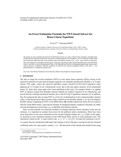 Pdf Error Estimation Formula For Fwt Based Solvers For Dense Linear