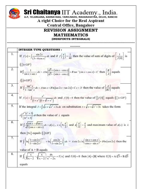 1 Mat Rev Assn W 42308 2023 Indefinite Integrals Pdf