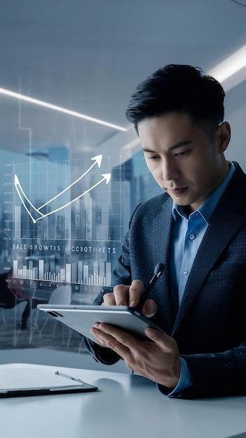 Businessman Using Tablet Analyzing Sales Data And Economic Growth Graph Chart Technology