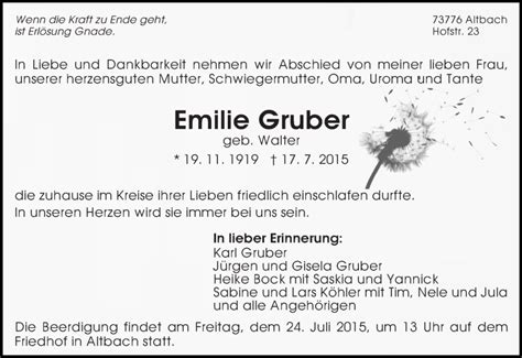 Traueranzeigen Von Emilie Gruber Zeit Des Gedenkens De