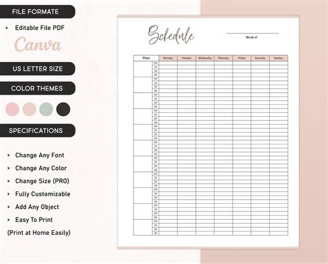 Printable Schedule 15 Minute Interval Planner Editable Daily Schedule