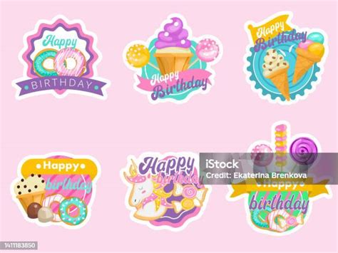 생일 축하 과자 스티커 세트 사탕 쿠키 컵케이크 도넛 아이스크림 롤리팝 손으로 그린 생일 축하 맛있는 컬렉션 딸기에 대한 스톡