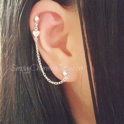 Heart Cartilage Helix Chain Earrings Tiny Little Heart Double Etsy