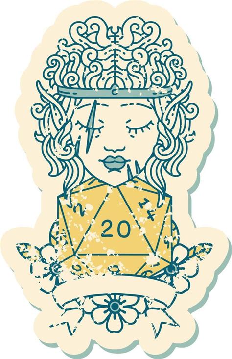 Retro Tattoo Style Elf Barbarian Character With Natural Twenty Dice