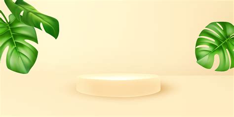 제품 전시를 위한 아늑한 베이지색 플랫폼 연단 미니멀리즘 디스플레이 나뭇잎 장식 현대적인 무대 빈 모형 복사 공간 화장품용
