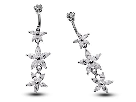 Silver Belly Button Piercing Belly Bars Triple Dangle Flower Belly
