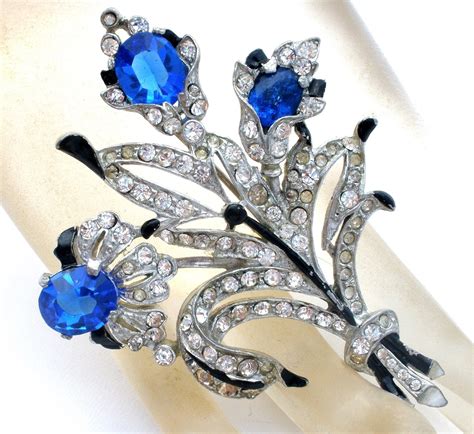 The Jewelry Ladys Store Blue Rhinestone Flower Brooch Pin Vintage Enamel