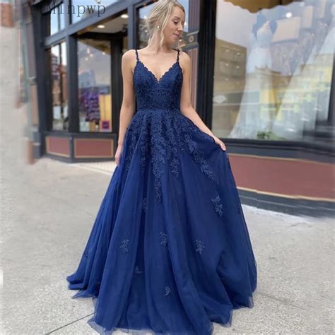 Tulle 댄스 파티 드레스 긴 스파게티 스트랩 레이스 업 라인 아플리케 정식 여성 이브닝 가운 Vestido De Fiesta