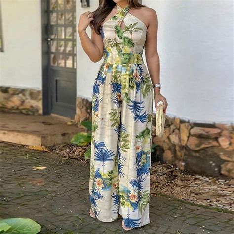 Women Crisscross Halter Tropical Print Jumpsuits S Grandado