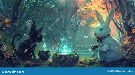 An Illustration Of A Black Cat And A White Rabbit Sitting By A Bubbling