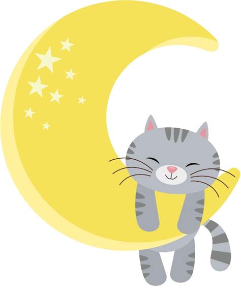 노란 달에 매달려 있는 귀여운 고양이 프리미엄 벡터