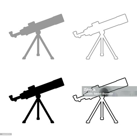 망원경 과학 도구 교육 천문학 장비 세트 아이콘 회색 검은 색 벡터 일러스트 이미지 플랫 스타일 솔리드 필 윤곽 선 얇은 감시에 대한 스톡 벡터 아트 및 기타 이미지