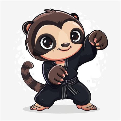A Cute Cartoon Sloth Wearing A Black Karate Gi With A Black Belt In A