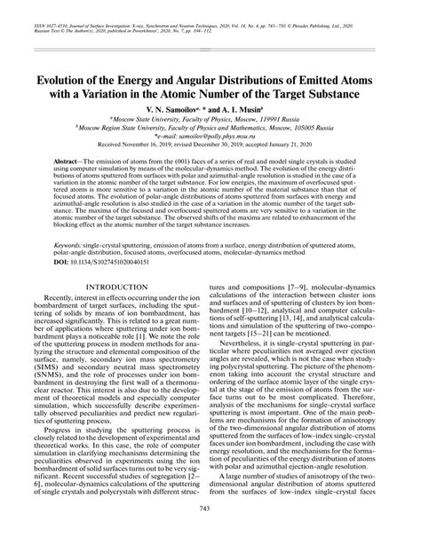 Pdf Evolution Of The Energy And Angular Distributions Of Emitted Atoms With A Variation In The