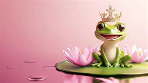 A Cute Cartoon Frog Wearing A Golden Crown Sits On A Lily Pad