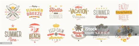 휴가와 여행 로고와 헝겊 세트 여름 방학 타입 디자인 벡터 일러스트 레이 션입니다 개체 그룹에 대한 스톡 벡터 아트 및 기타 이미지 개체 그룹 관광 꽃 식물 Istock