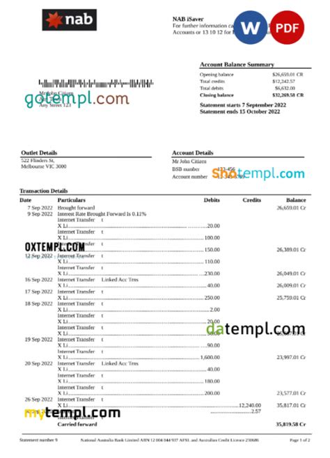 Australia Nab Bank Statement Word And Pdf Template 2 Pages Download At Gotempl Pro