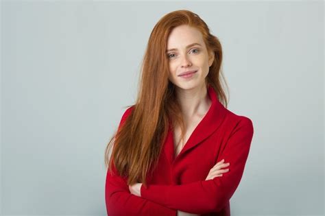 Premium Photo Beautiful Young Woman With Red Hair In Red Jacket