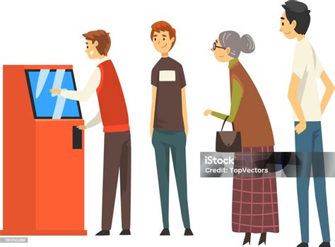 자동 입출금 기에서 돈을 벌기 위해 라인 큐에서 대기 하는 사람들 사람 현금 디스펜서를 통해 돈을 받고 은행 서비스 벡터