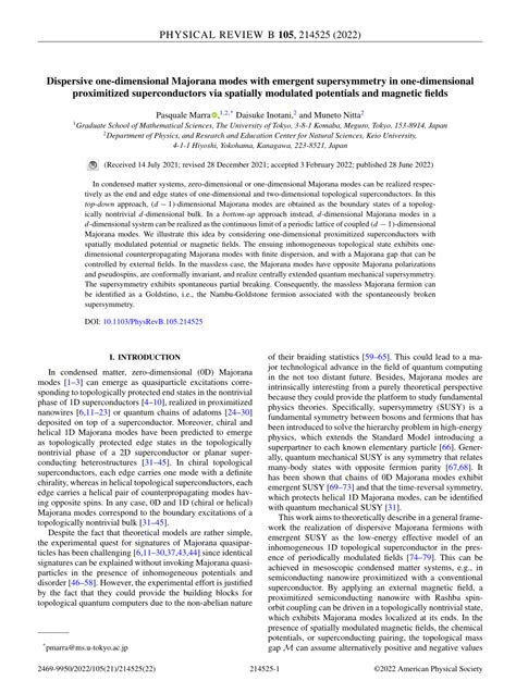 Pdf Dispersive One Dimensional Majorana Modes With Emergent Supersymmetry In One Dimensional