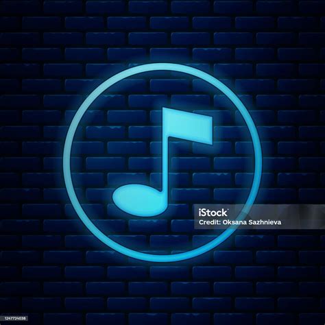 Glowing Neon Music Note Tone Icon Isolated On Brick Wall Background