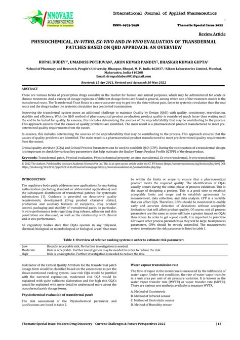 PDF PHYSIOCHEMICAL IN VITRO EX VIVO AND IN VIVO EVALUATION OF TRANSDERMAL PATCHES BASED ON