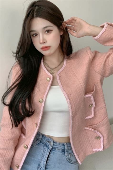 핑크프릴 제티 스타일리쉬 포켓 긴소매 롱슬리브 트위드 자켓