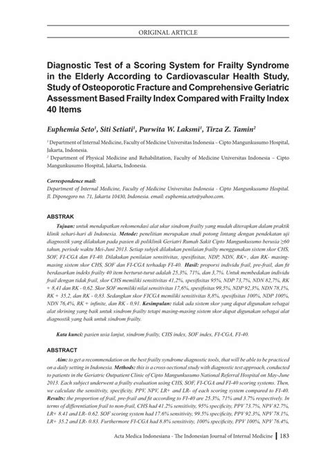 Pdf Diagnostic Test Of A Scoring System For Frailty Syndrome In The