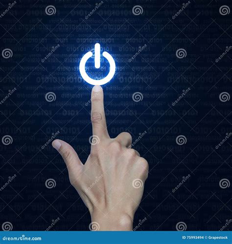 Hand Pressing Power Button Over Computer Binary Code Blue Backgr Stock
