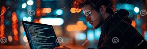 focused programmer coding at night with bokeh city lights software