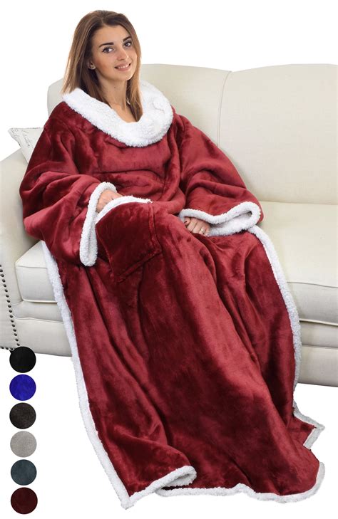Sherpa Fleece Wearable Blanket With Sleeves And Pocket Micro Plush