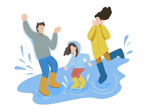 Família Feliz Pai Mãe E Filha Se Divertindo E Pulando Em Uma Poça