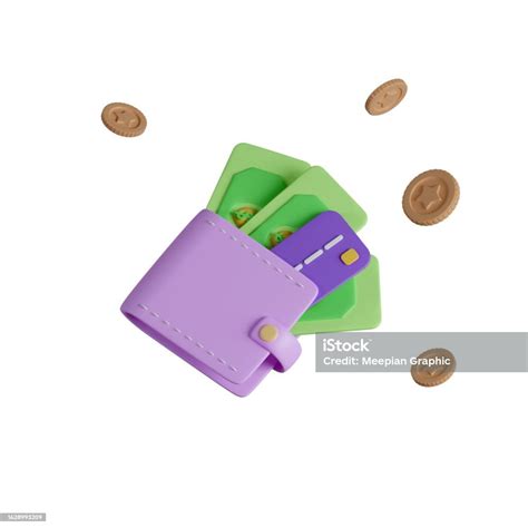 지갑의 3d 현금 및 신용 카드 분홍색 배경에 동전 3d 렌더링 그림 Brand Name Mobile Payment에 대한 스톡