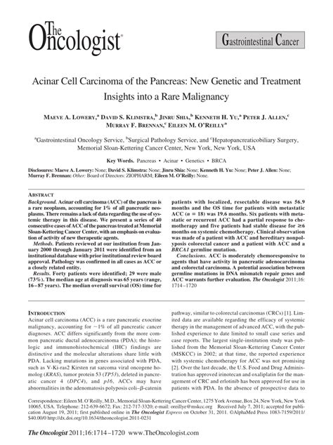 Pdf Acinar Cell Carcinoma Of The Pancreas New Genetic And Treatment